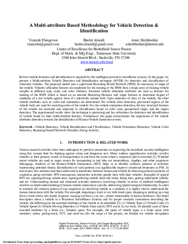 Pdf A Multi Attribute Based Methodology For Vehicle Detection And