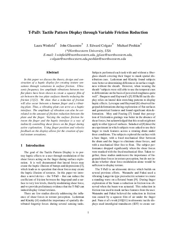 (PDF) T-PaD: Tactile Pattern Display through Variable Friction Reduction