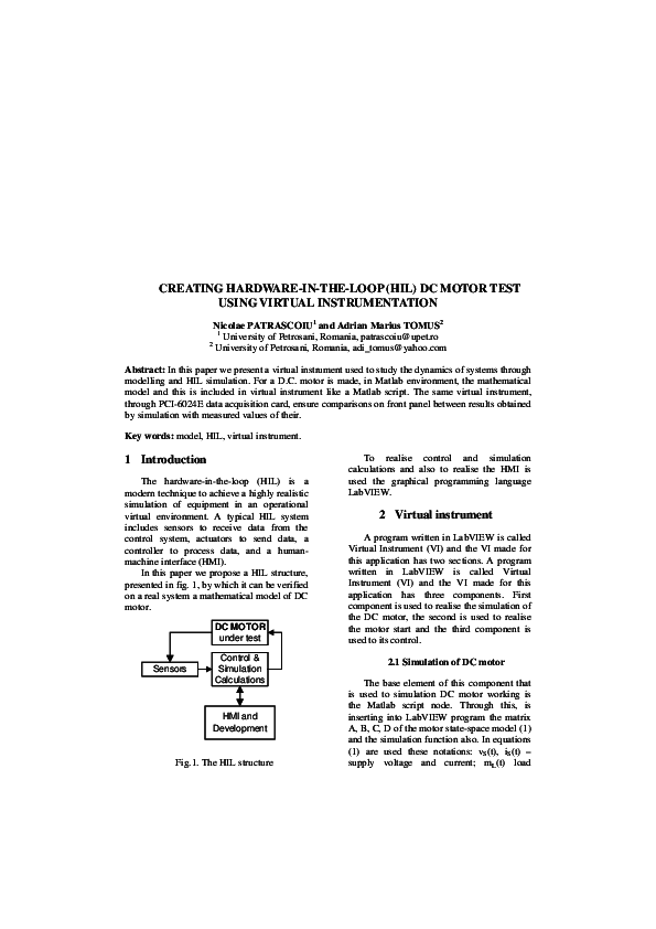Pdf Creating Hardware In The Loop Hil Dc Motor Test Using Virtual Instrumentation