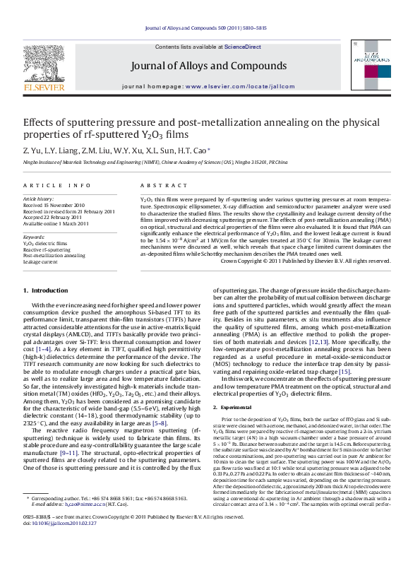 (PDF) Effects of sputtering pressure and post-metallization annealing ...