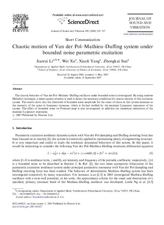 (PDF) Chaotic motion of Van der Pol–Mathieu–Duffing system under bounded noise parametric excitation