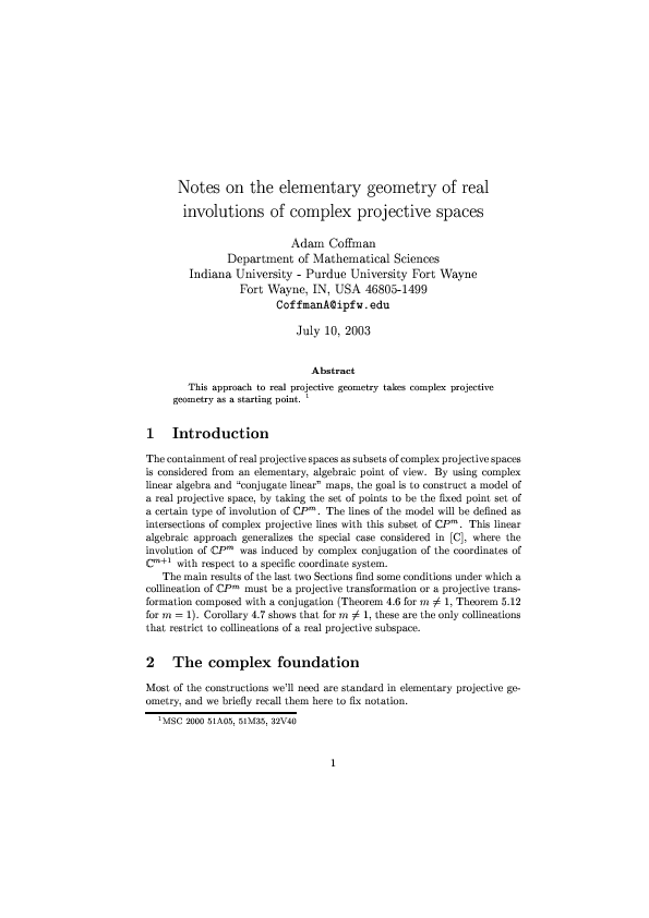 Pdf Notes On The Elementary Geometry Of Real Involutions Of Complex Projective Spaces