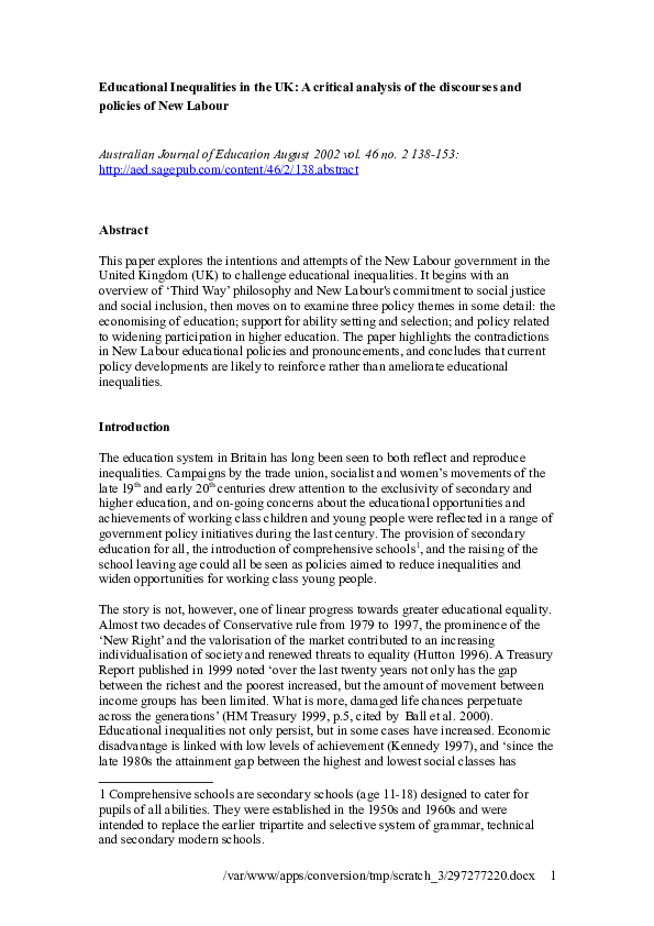 (DOC) Educational Inequalities in the United Kingdom: A Critical ...