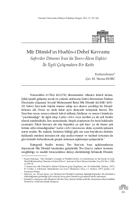 (PDF) FAZLURRAHMAN, "Mir Dâmâd’ın Hudûs-i Dehrî Kavramı: Safeviler ...