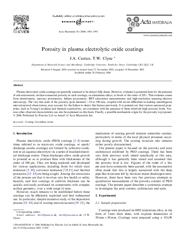 (PDF) Porosity in plasma electrolytic oxide coatings
