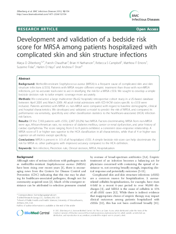 (PDF) Development and validation of a bedside risk score for MRSA among ...