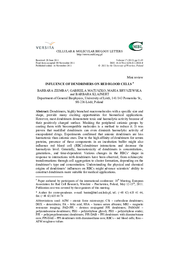 (PDF) Influence of dendrimers on red blood cells