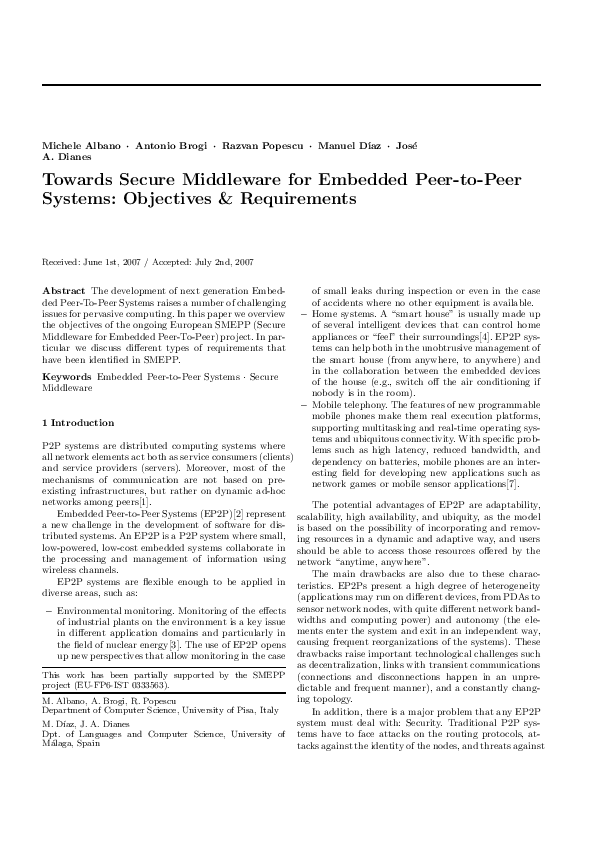 (PDF) Towards Secure Middleware for Embedded Peer-to-Peer Systems: Objectives & Requirements