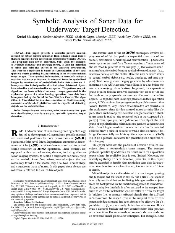 Pdf Symbolic Analysis Of Sonar Data For Underwater Target Detection