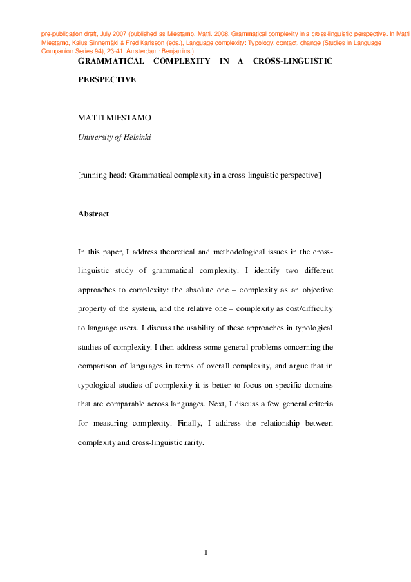 Pdf Grammatical Complexity In A Cross Linguistic Perspective