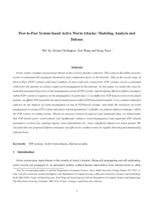Pdf Peer To Peer System Based Active Worm Attacks Modeling And Analysis Sriram Chellappan