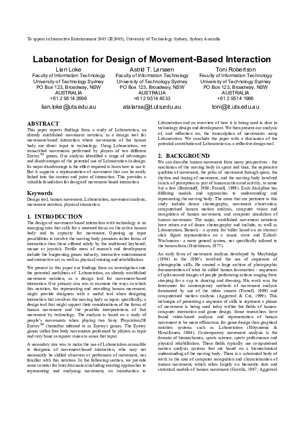 (PDF) Labanotation for Design of Movement-Based Interaction