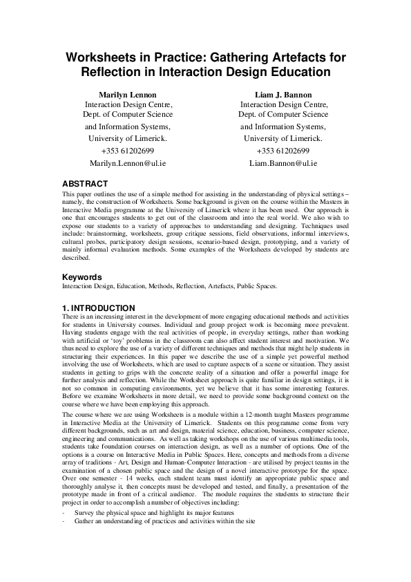 (PDF) Worksheets in practice: Gathering artefacts for reflection in ...