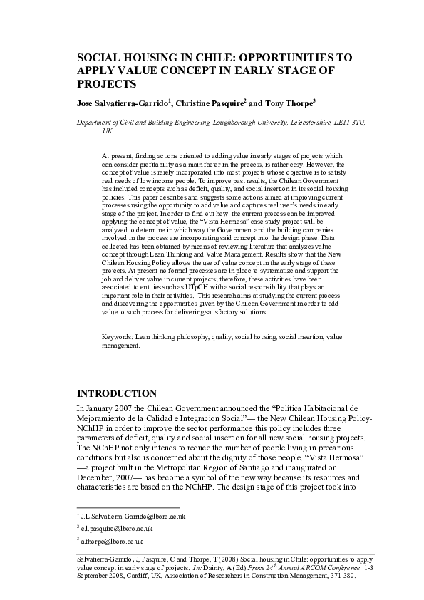 (PDF) SOCIAL HOUSING IN CHILE: OPPORTUNITIES TO APPLY VALUE CONCEPT IN ...