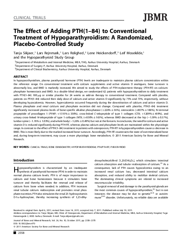 (PDF) The Effect of PTH(1–84) on Quality of Life in Hypoparathyroidism ...