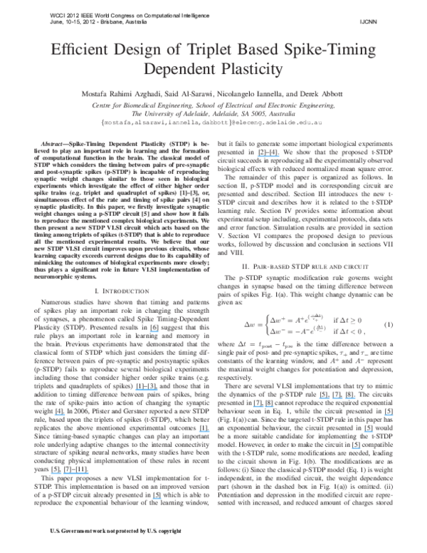 (PDF) Efficient design of triplet based Spike-Timing Dependent Plasticity
