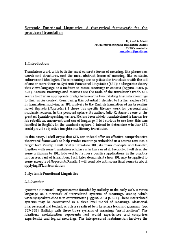 (PDF) Systemic Functional Linguistics: A theoretical framework for the practice of translation