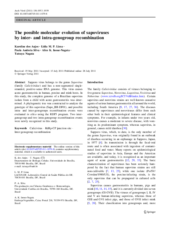 (PDF) The possible molecular evolution of sapoviruses by inter- and ...