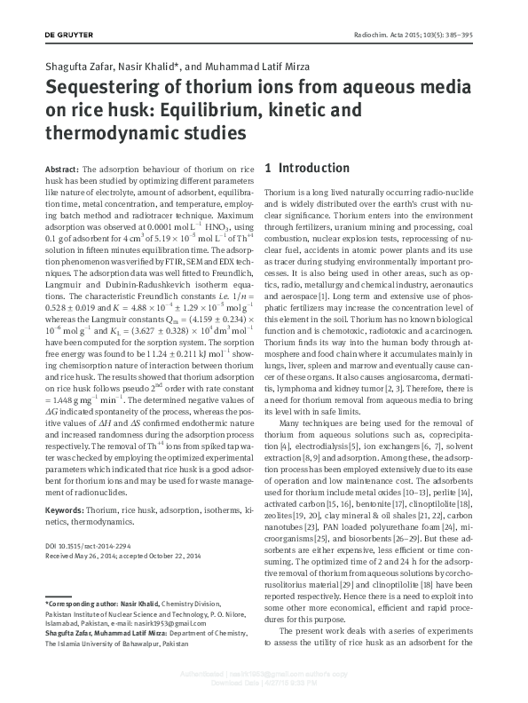 (PDF) Sequestering of thorium ions from aqueous media on rice husk: Equilibrium, kinetic and ...