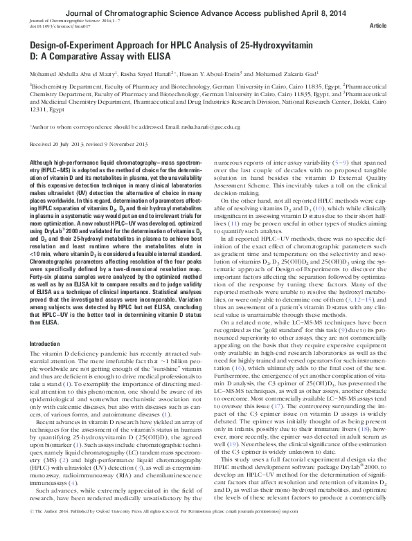Pdf Design Of Experiment Approach For Hplc Analysis Of 25 Hydroxyvitamin D A Comparative