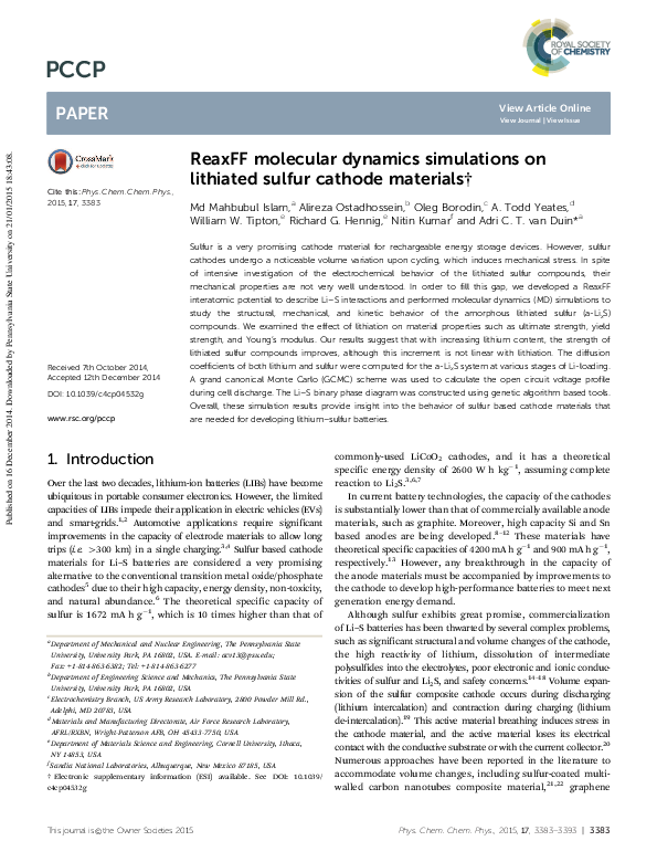 Pdf Reaxff Molecular Dynamics Simulations On Lithiated Sulfur Cathode Materials