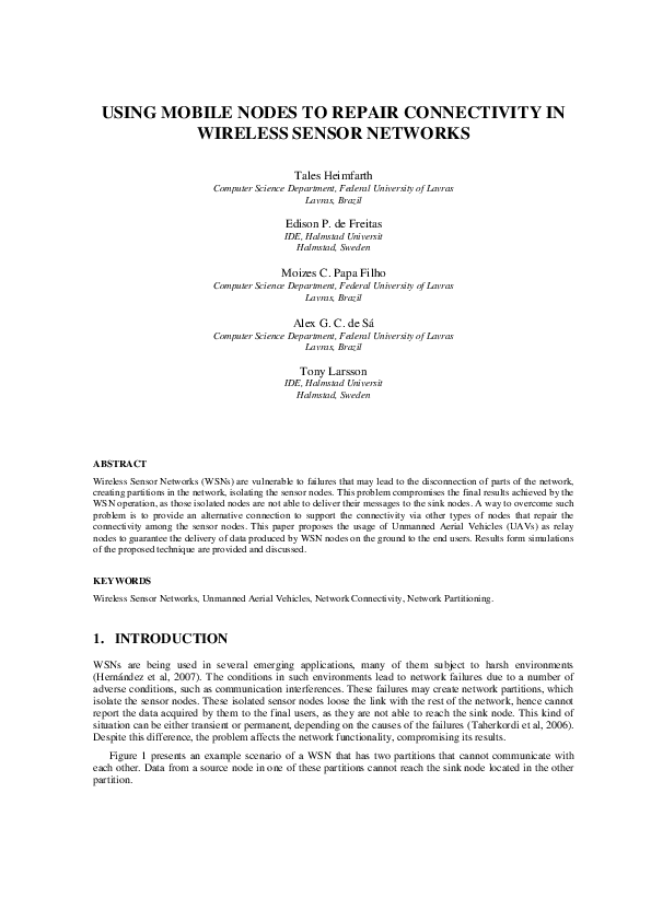 (PDF) USING MOBILE NODES TO REPAIR CONNECTIVITY IN WIRELESS SENSOR NETWORKS