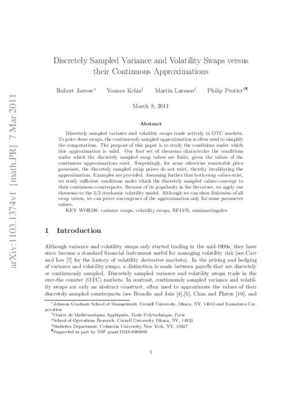 Pdf Discretely Sampled Variance And Volatility Swaps Versus Their