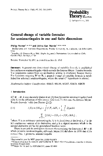 (PDF) General change of variable formulas for semimartingales in one ...