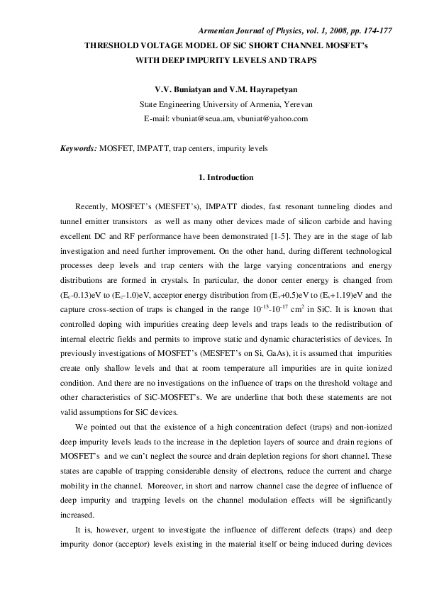 (PDF) THRESHOLD VOLTAGE MODEL OF SiC SHORT CHANNEL MOSFET's WITH DEEP IMPURITY LEVELS AND TRAPS