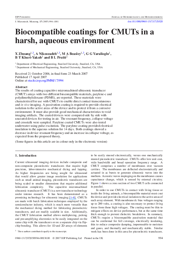 (PDF) Biocompatible coatings for CMUTs in a harsh, aqueous environment
