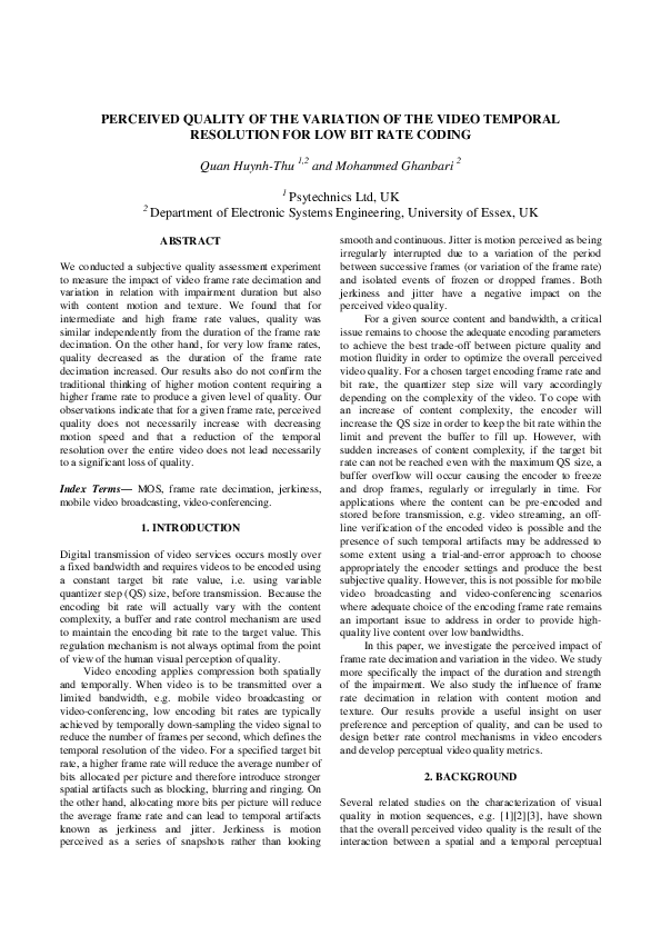 Pdf Perceived Quality Of The Variation Of The Video Temporal Resolution For Low Bit Rate Coding