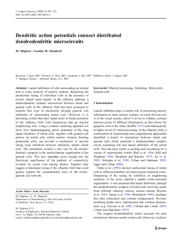 Pdf Dendritic Action Potentials Connect Distributed Dendrodendritic Microcircuits