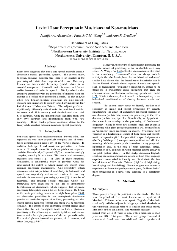 (PDF) “Lexical tone perception in musicians and non-musicians,”