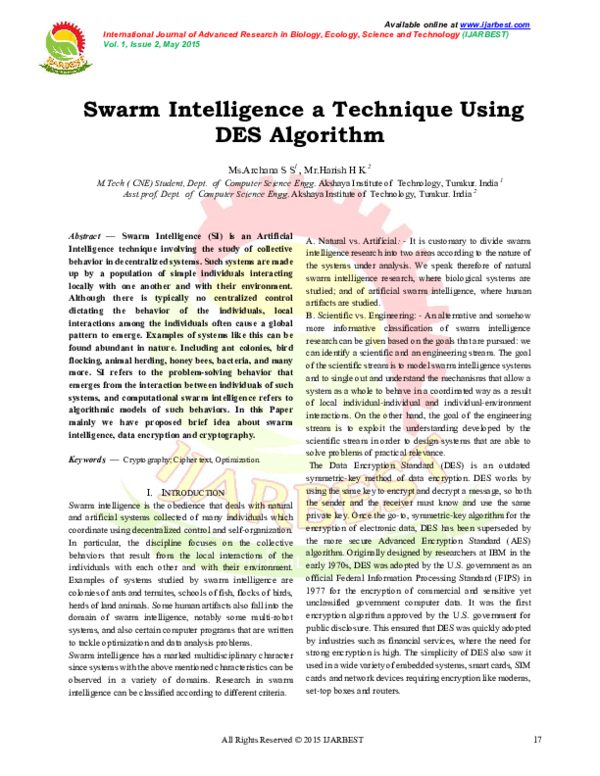 Pdf Swarm Intelligence A Technique Using Des Algorithm Ijarbest International Scientific