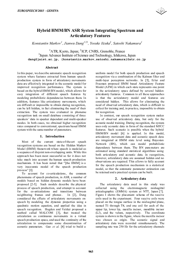 (PDF) Hybrid HMM/BN ASR system integrating spectrum and articulatory ...