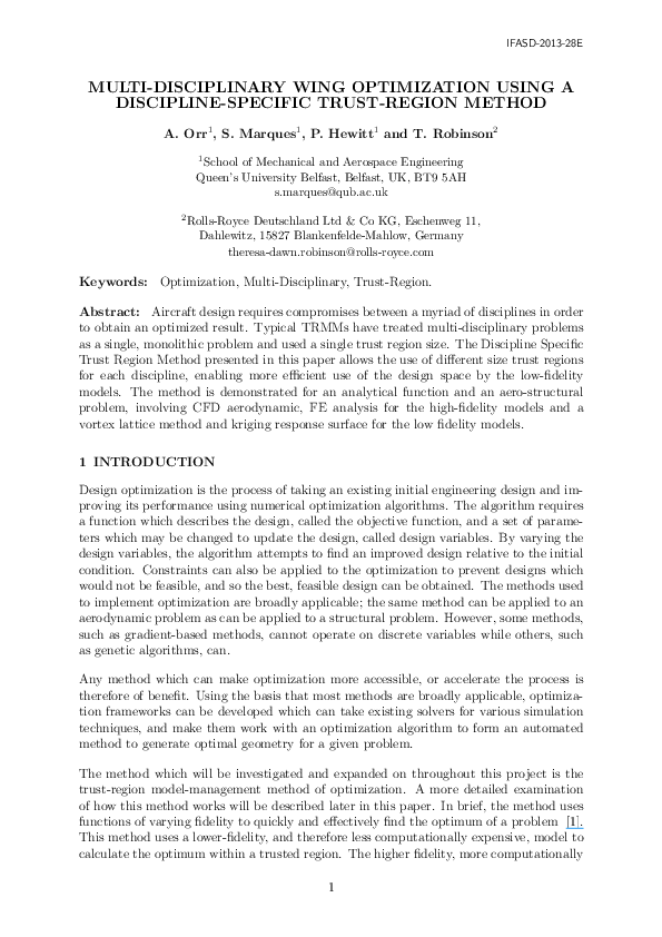 (PDF) MULTI-DISCIPLINARY WING OPTIMIZATION USING A DISCIPLINE-SPECIFIC TRUST-REGION METHOD