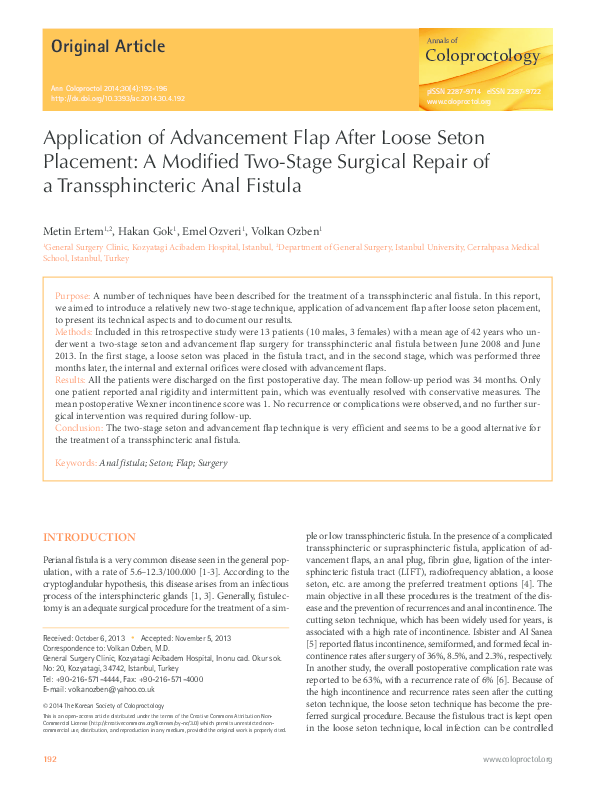 (PDF) Application of Advancement Flap After Loose Seton Placement: A ...