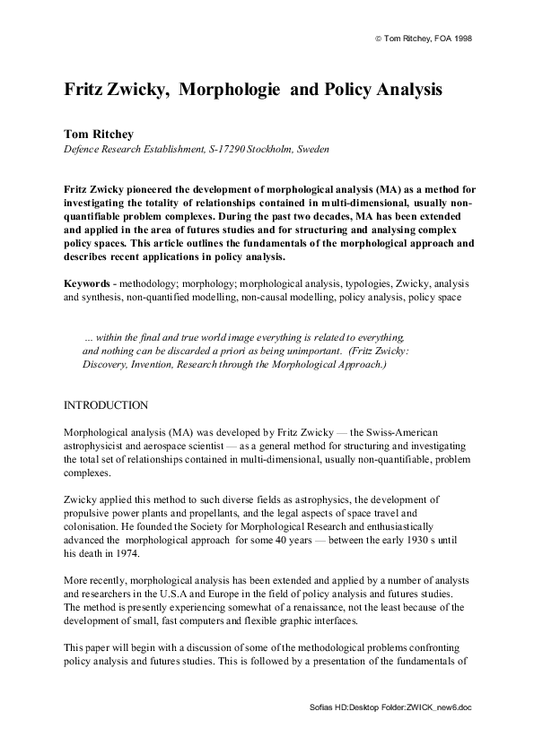 (PDF) Fritz Zwicky,'Morphologie'and Policy Analysis