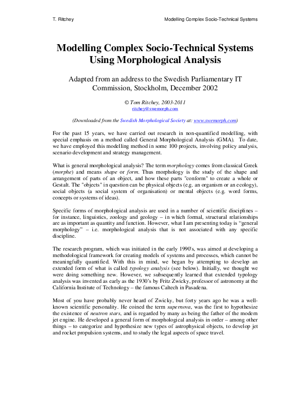 Pdf Modelling Complex Socio Technical Systems Using Morphological Analysis Adapted From An