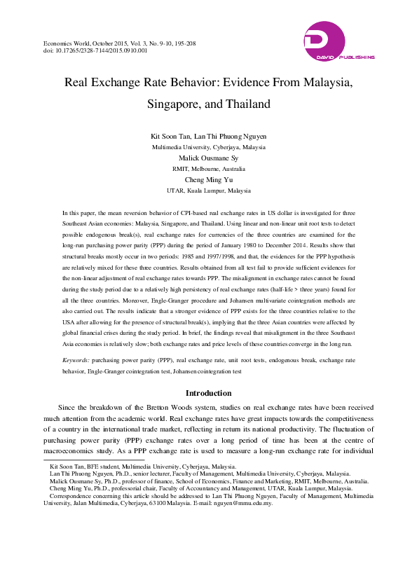 (PDF) Real Exchange Rate Behavior: Evidence From Malaysia, Singapore ...