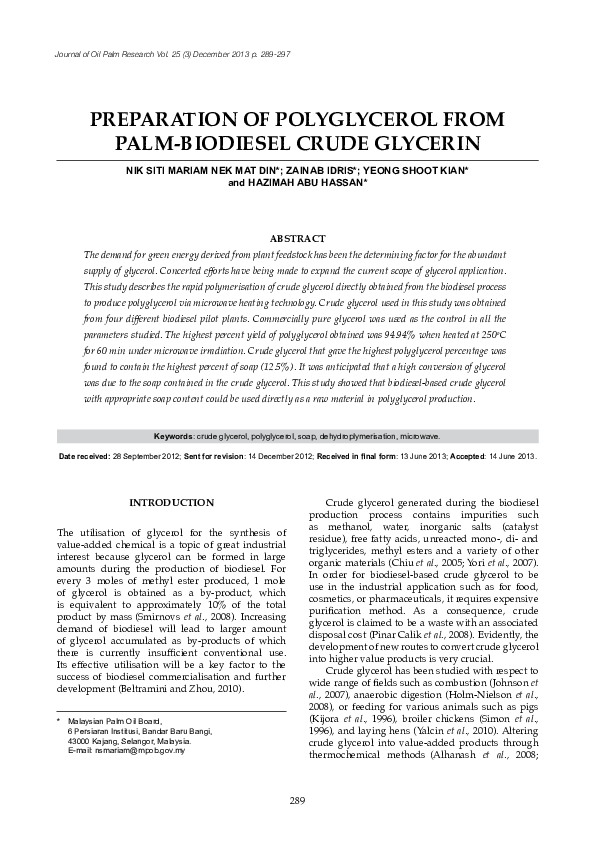 (PDF) Synthesis of polyglycerol from crude glycerin via microwave ...