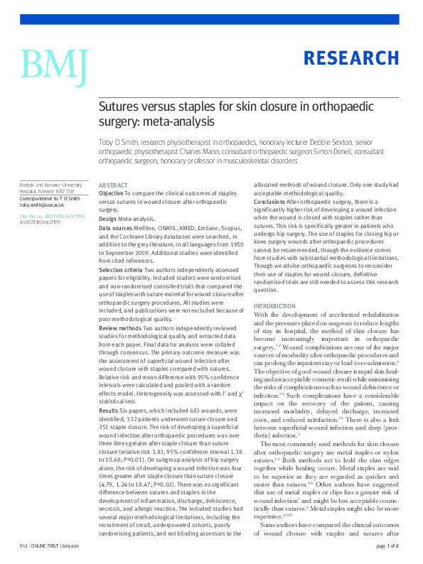 Sutures versus staples for skin closure in orthopaedic surgery: meta ...