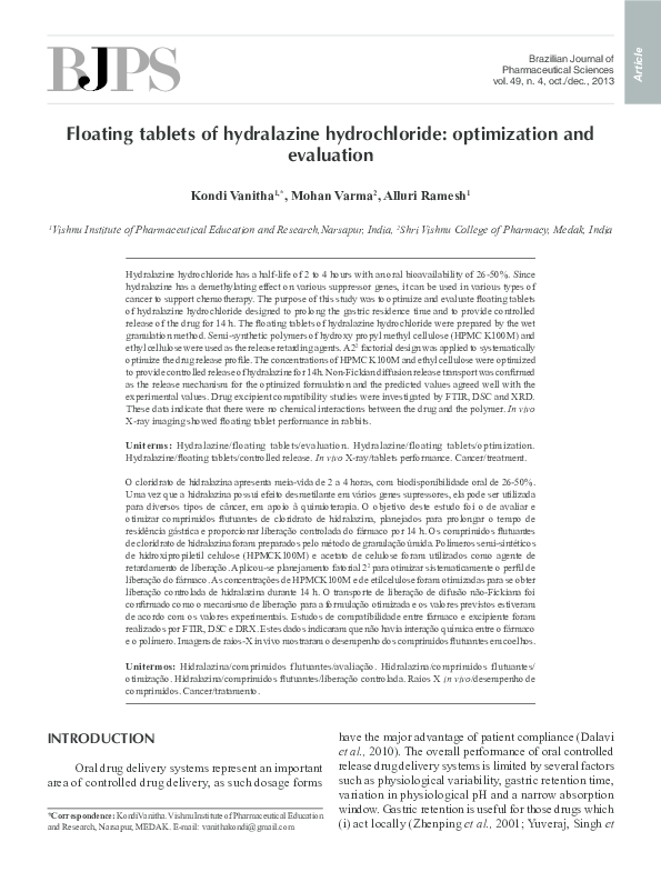 Floating tablets of hydralazine hydrochloride: optimization and evaluation