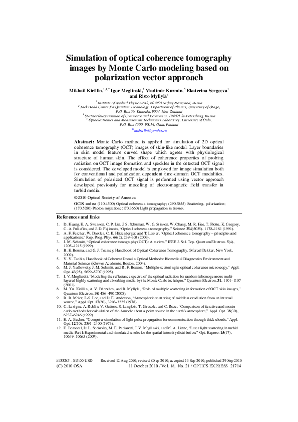 (PDF) Simulation of optical coherence tomography images by Monte Carlo modeling based on ...