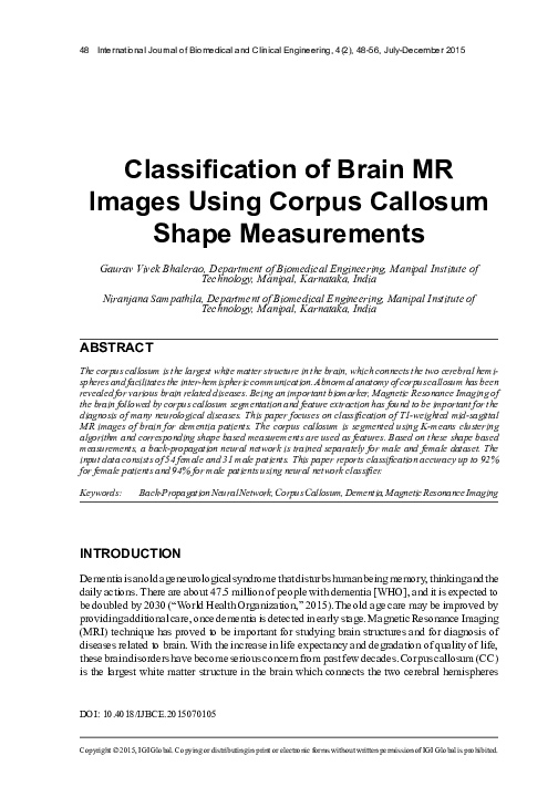 (PDF) Classification of brain MR images using Corpus Callosum Shape ...