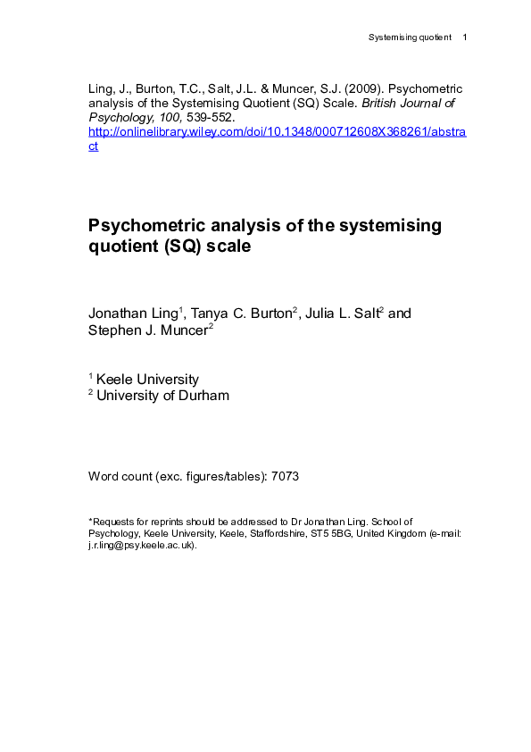 (DOC) Psychometric analysis of the systemizing quotient (SQ) scale