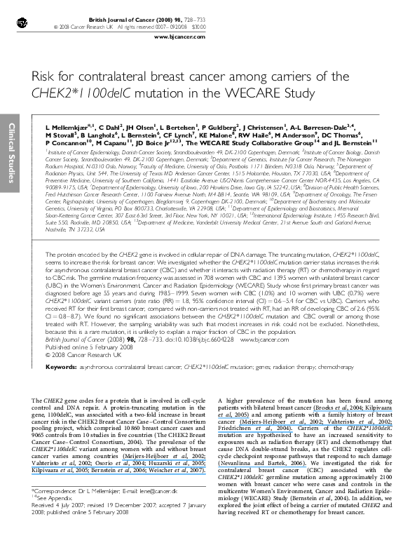 (PDF) Risk for contralateral breast cancer among carriers of the CHEK2*1100delC mutation in the ...