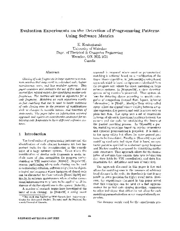Pdf Evaluation Experiments On The Detection Of Programming Patterns Using Software Metrics