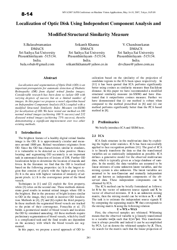 Pdf Localization Of Optic Disk Using Independent Component Analysis And Modified Structural