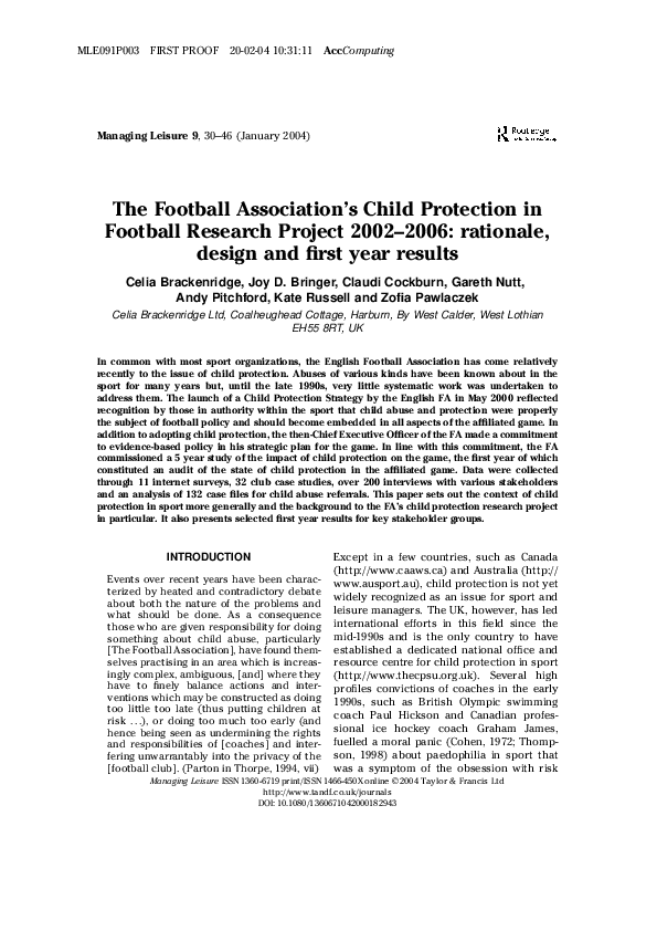 (PDF) The Football Association’s Child Protection in Football Research ...